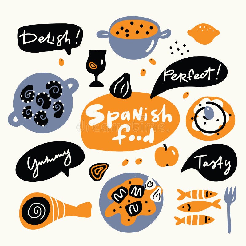 Spanish Food. Hand Drawn Illustration with the Names of Food, Lettering ...