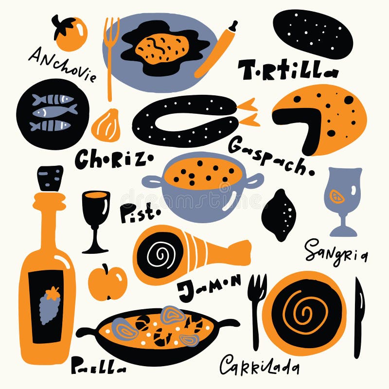 Spanish Food Menu Template Concept. Hand Drawn Illustrationand Phrase ...