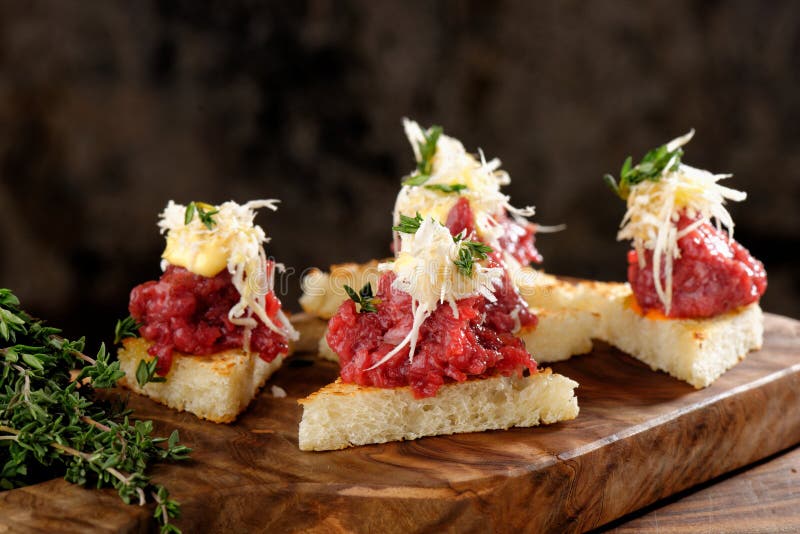 Spanish Food Tapas. Toasted Bread with Meat Stock Image - Image of cold ...