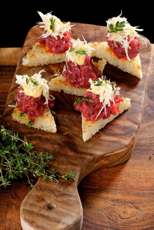 Spanish Food Tapas. Toasted Bread with Meat Stock Photo - Image of ...
