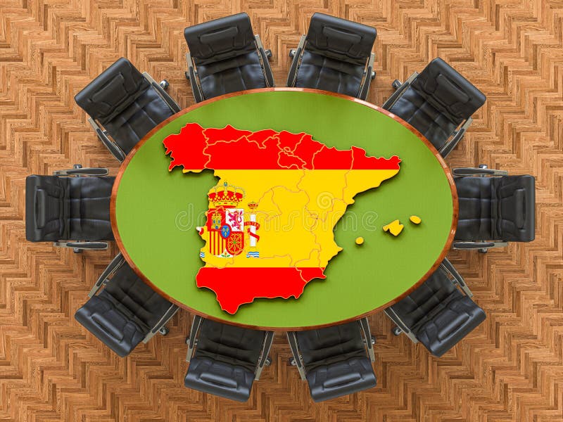 Spanish Goverment Meeting. Map of Spain on the Round Table, 3D ...