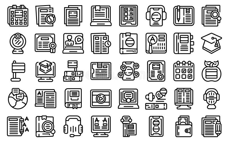 Spanish Lessons Icons Set Outline Vector. Tutor Book Stock Vector ...