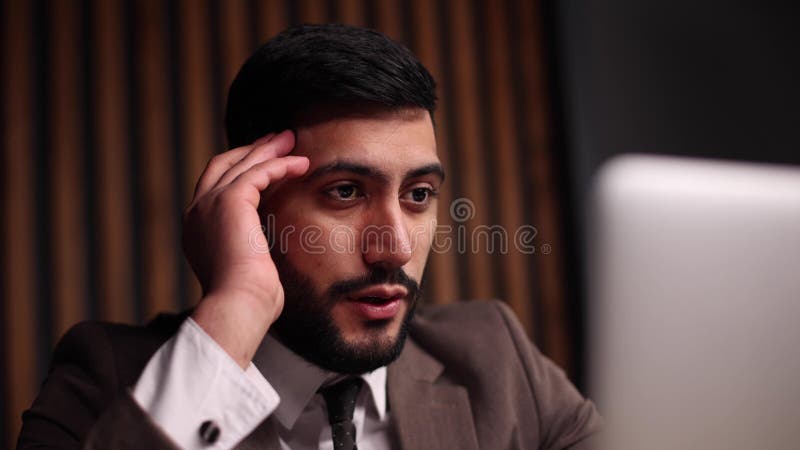 Spanish Man Sitting in Office with Laptop Stock Video - Video of work ...