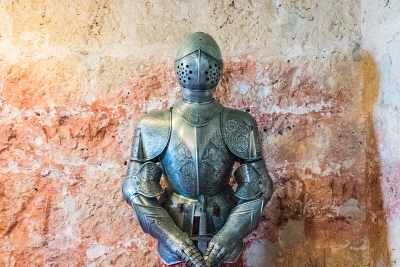 Medieval Knight Armor in Castle Hall Stock Photo - Image of battle ...