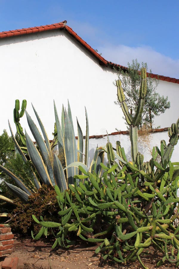 Spanish Mission with Cactus Stock Image - Image of california, adobe ...