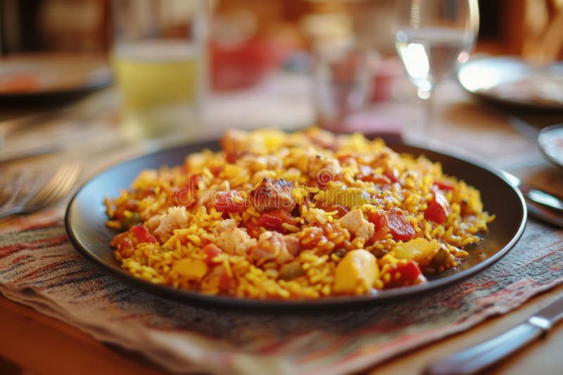 Spanish Paella on Plate on Table Stock Photo - Image of catalan ...