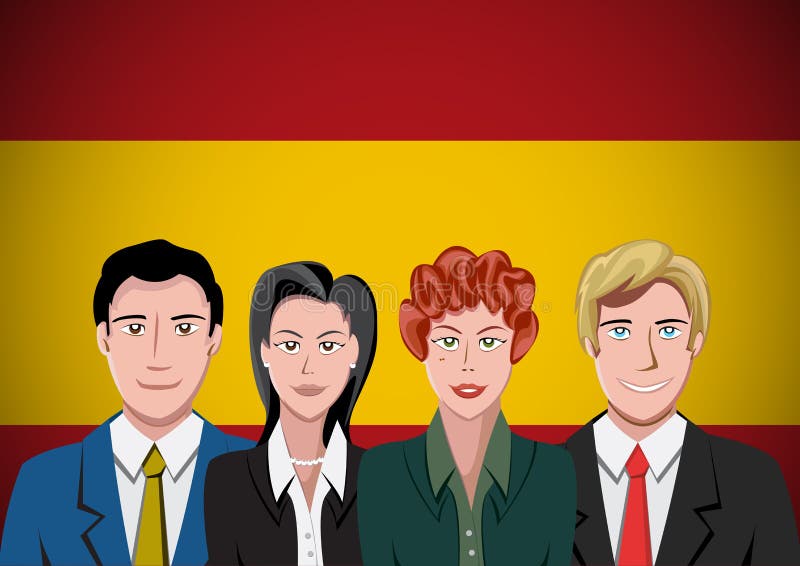 Spanish People, Ahead of the Flag. Portrait of Teamwork in Flat Design ...