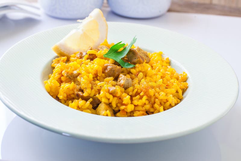 Spanish rice with pork stock photo. Image of mediterranean - 158928074