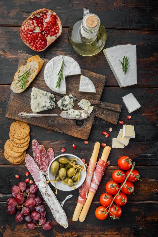 Spanish Snacks, Meat Cheese, Herbs, on Dark Wooden Background, Flat Lay ...