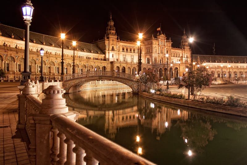 Spanish Square (Plaza De Espana) in Sevilla at Night, Spain Stock Photo ...