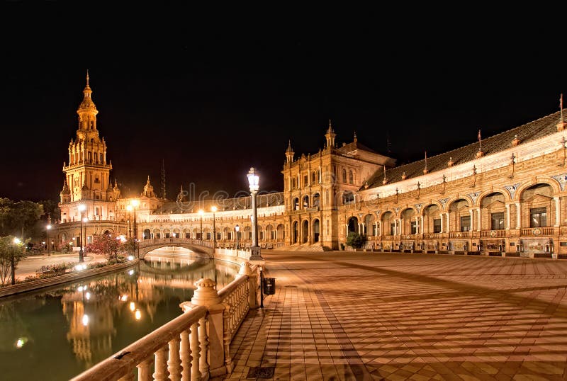 Spanish Square (Plaza De Espana) in Sevilla at Night, Spain. Stock ...