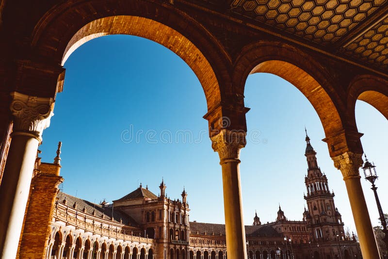 Spanish Square Plaza De Espana in Sevilla at Sunset, Spain Editorial ...