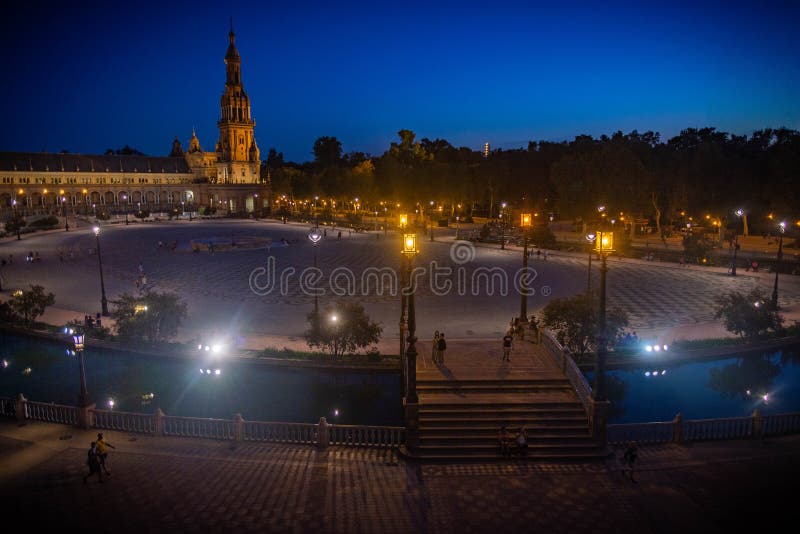 Spanish Square (Plaza De Espana) in Seville at Night Stock Photo ...