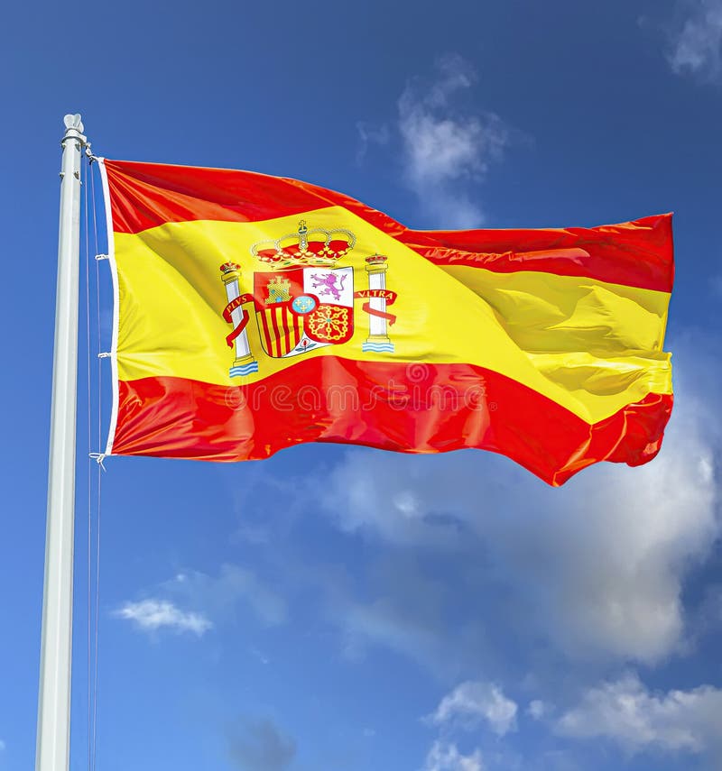 Spanish State Flag Waving in the Wind Against the Sky Stock ...