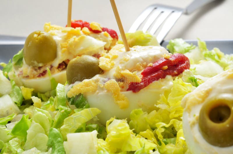 Spanish stuffed eggs stock image. Image of menu, olives - 33106373