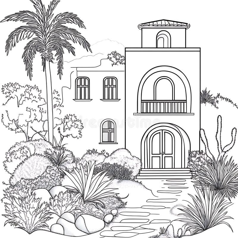 Spanish-style House Sketch with Desert Landscaping Stock Illustration ...