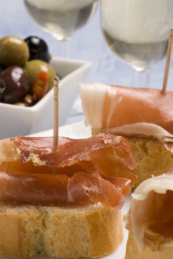 Spanish Tapas.Bread and Ham. Stock Image - Image of indoors, cuisine ...