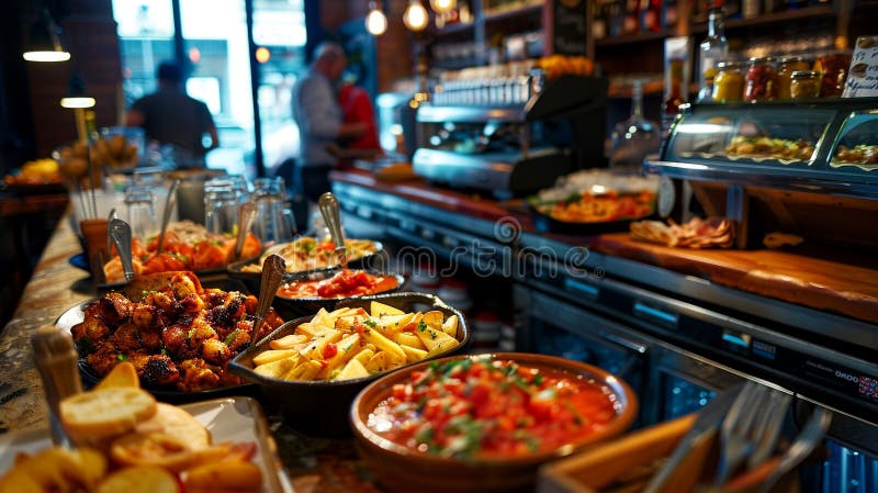 Spanish Tapas Buffet in a Restaurant Stock Illustration - Illustration ...