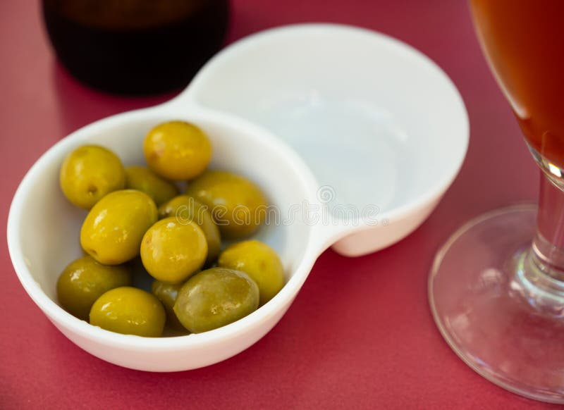 Spanish Tapas from Marinaded Green Olives at Plate Stock Image - Image of pickled, typical ...