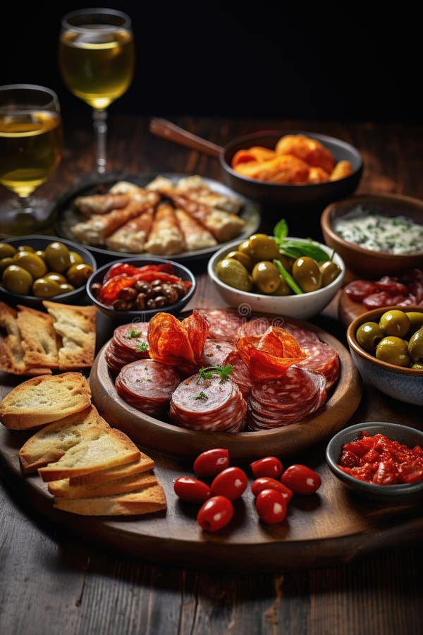 Spanish Tapas Platter with Meats, Olives, Bread, Accompanied by Wine ...