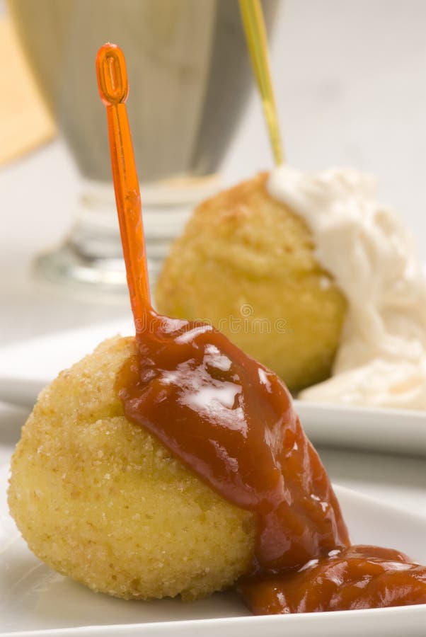 Spanish Tapas. Potato Fritters. Bombas Picantes. Stock Photo - Image of ...