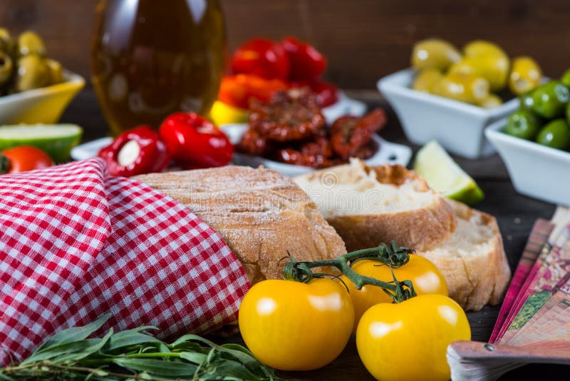 Spanish Tapas on Table from Above Stock Photo - Image of black, dish ...
