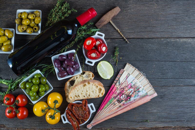 Spanish Tapas on Table from Above Stock Photo - Image of olives ...