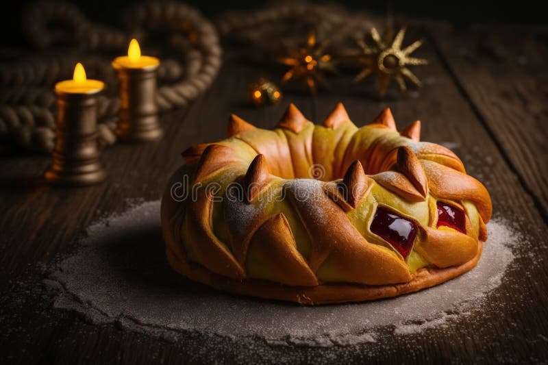 Spanish Three Kings Cake, Rosca De Reyes, Served on a Dark Wood Table ...