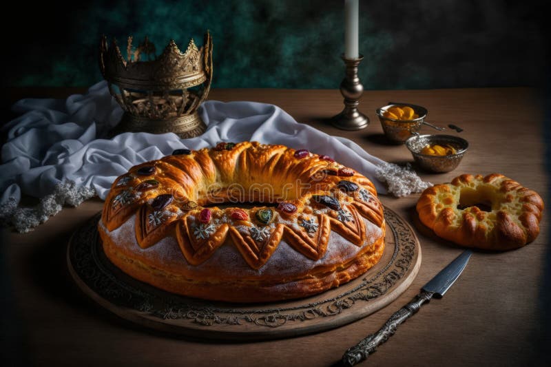 Spanish Three Kings Cake, Rosca De Reyes, Served on a Dark Wood Table ...