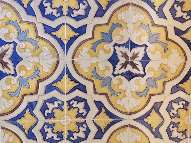Spanish Tile on Wall, Blue and Yellow Pattern Tile Stock Photo - Image ...