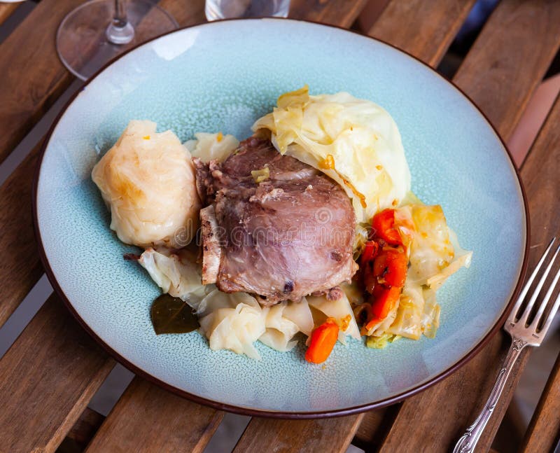 Spanish Traditional Dish - Pork Cheeks with Cabbage Stock Image - Image ...