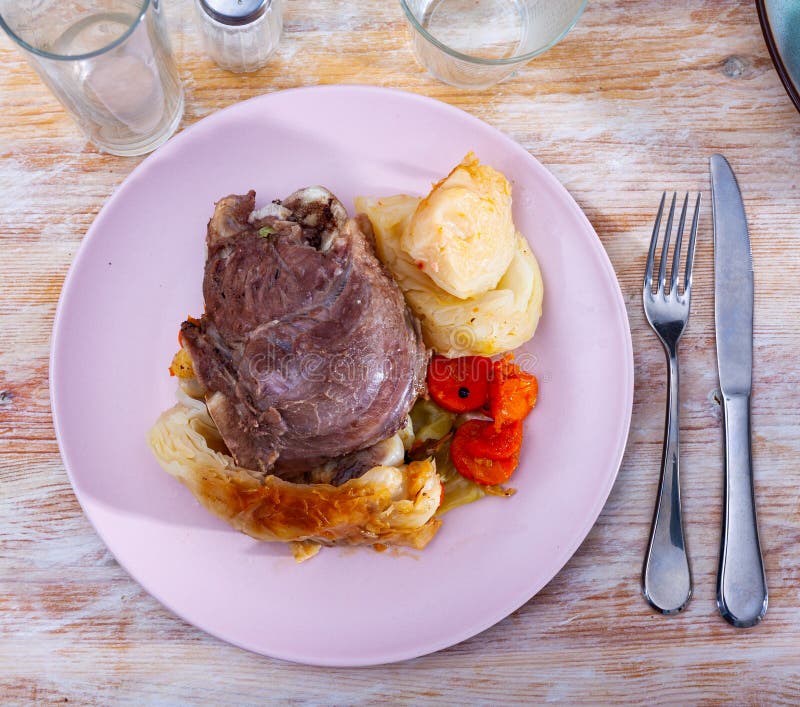 Spanish Traditional Dish - Pork Cheeks with Cabbage Stock Image - Image ...
