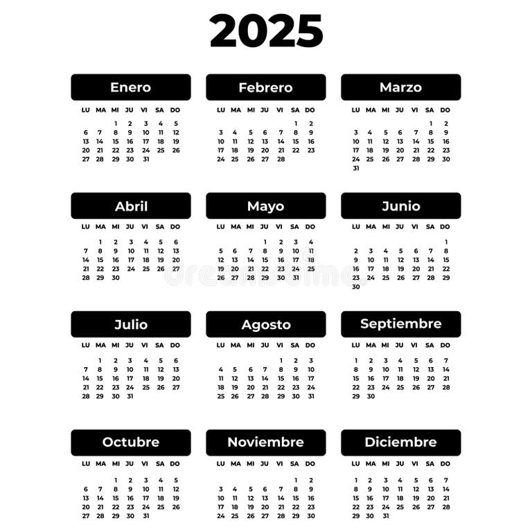 Spanish Vertical Calendar for 2025 Year. Large Bold Font. Isolated ...