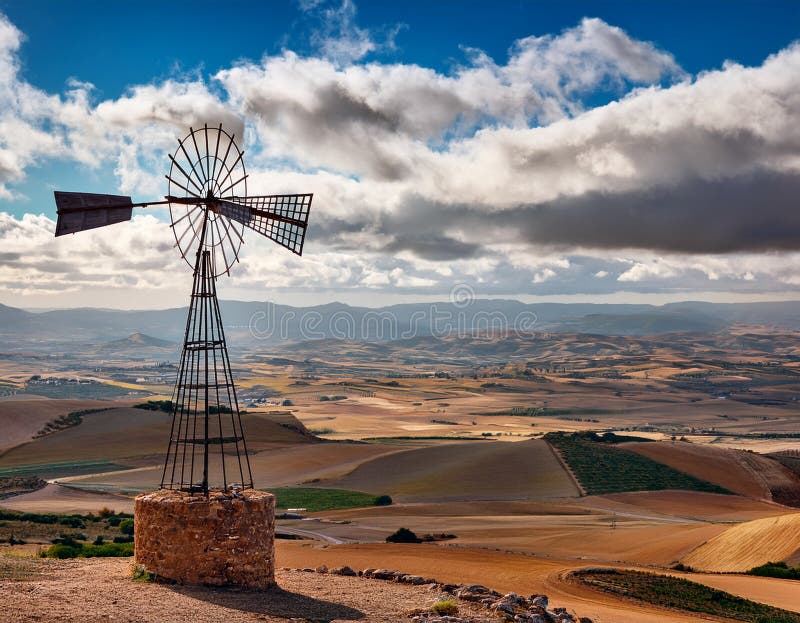 A Spanish Windmill Standing Tall on a Hill Captured with Rolling Clouds ...