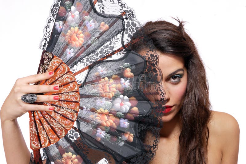 Spanish Woman Behind Traditional Fan. Stock Photo - Image of shame ...