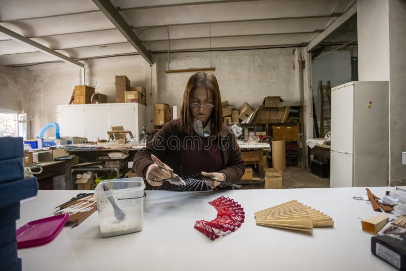 Spanish Woman Working at a Hand Fan Design Workshop Stock Photo - Image ...