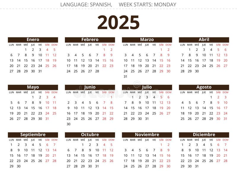 Spanish 2025 Year Calendar. Vector Illustration Spain Stock Vector ...