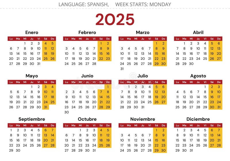 Spanish 2025 Year Calendar. Vector Illustration for Spain Stock Vector ...