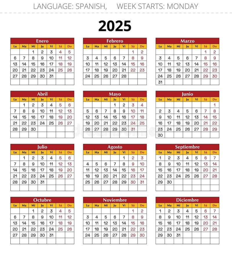 Spanish 2025 Year Calendar. Vector Illustration (Spain Flag Colors ...