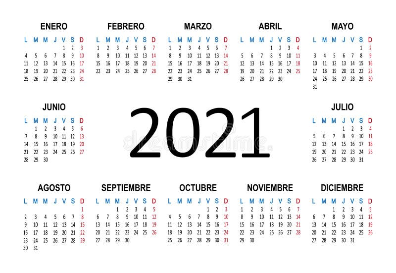 Spanish 2021 Year Calendar. Week Starts on Monday Stock Illustration ...