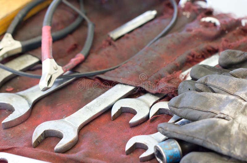Spanners, Gloves and Tools on Machanic Table. Stock Image - Image of ...