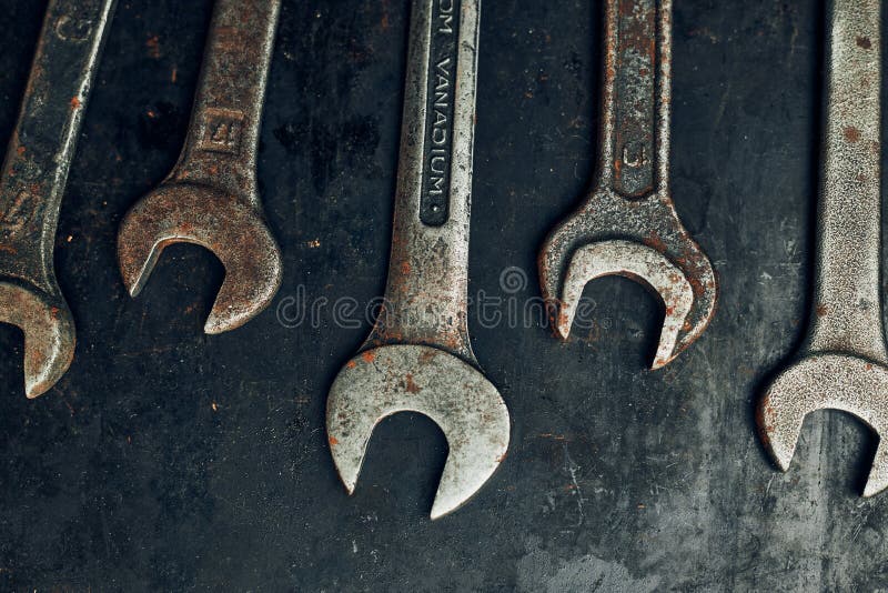 Spanners on Steel Surface. Old Rusty Wrenches for Maintenance. Mechanic ...