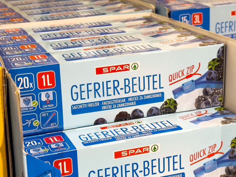 Spar Quick Zip Freezer Bags in Store Display with Blue Packaging Design ...