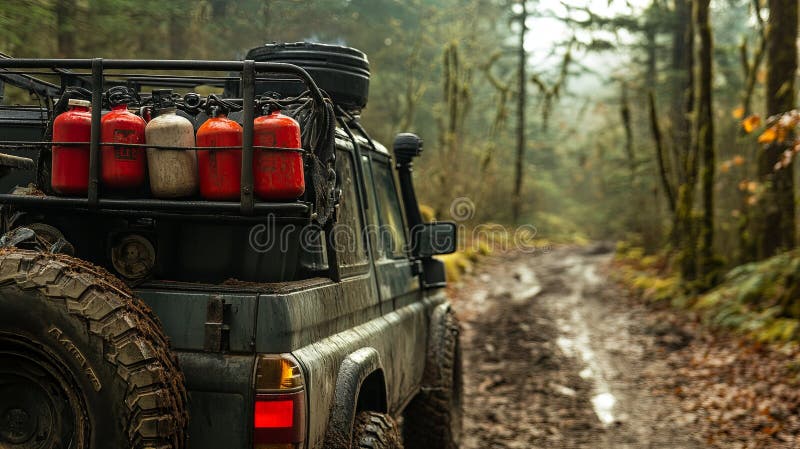 Spare Fuel on Rack, Remote Trail . Stock Image - Image of tree, rack ...