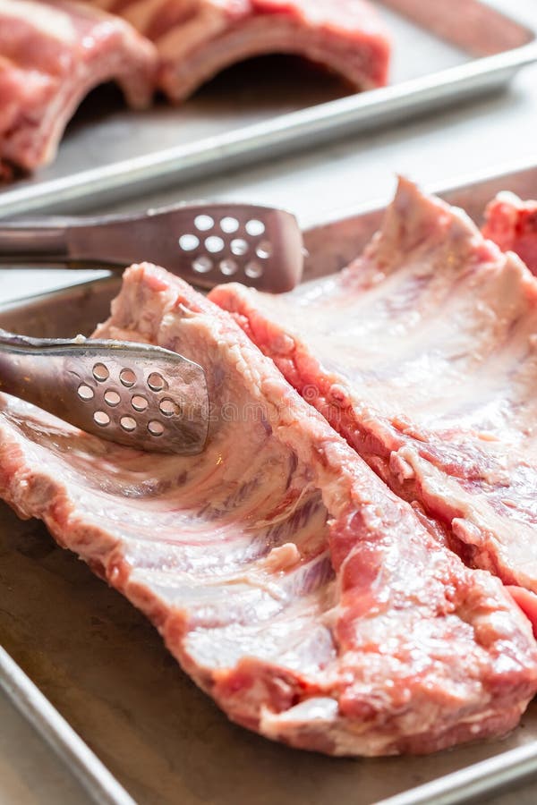 Spare Ribs Uncooked on Stainless Steel Platter Stock Image - Image of ...