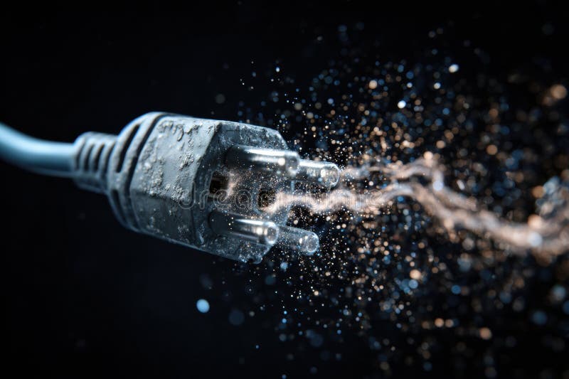 Disconnected Plug and Wire Glowing with Glitch Spark Effect on a Dark ...