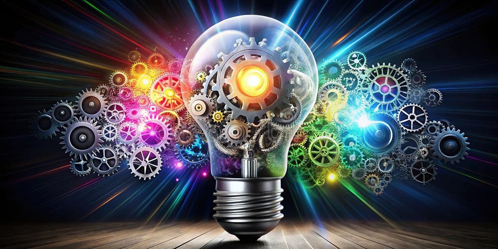 Spark Innovation a Colorful Interconnected System of Gears and Lightbulb Representing Creativity ...