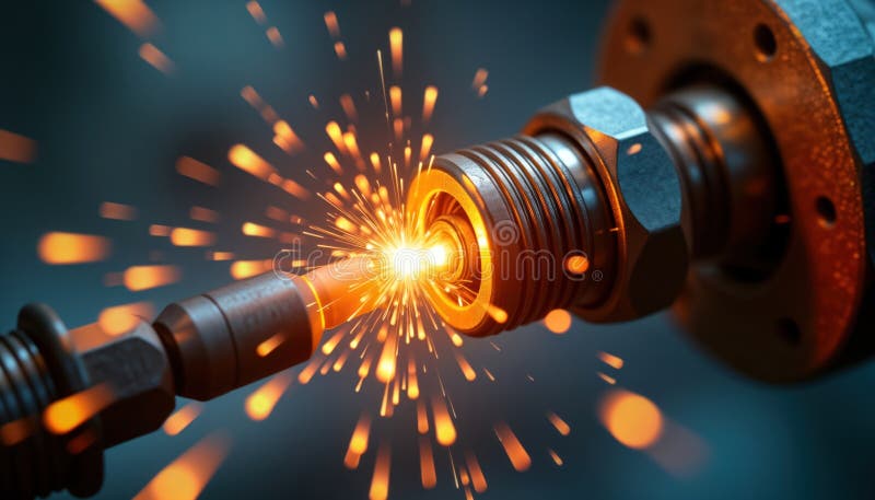 Spark Plug Ignites Combustion in Machinery. Fiery Sparks Fly. Powerful ...