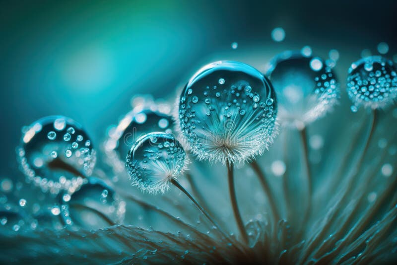 Sparkle Dandelion Seeds in Droplets of Water on Blue Created with ...