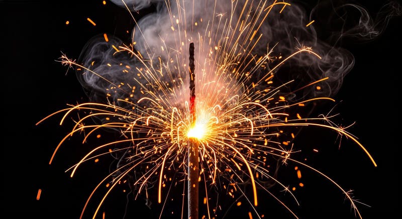 Sparkler Exploding with Golden Sparks and Smoke on Black Background ...